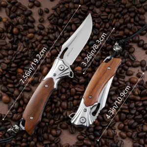 FORESAIL Flipper Pocket Folding Knife,M390 Steel Blade and Wood Handle. With leather case,men's pocket knife hiking trip EDC tool Knife.