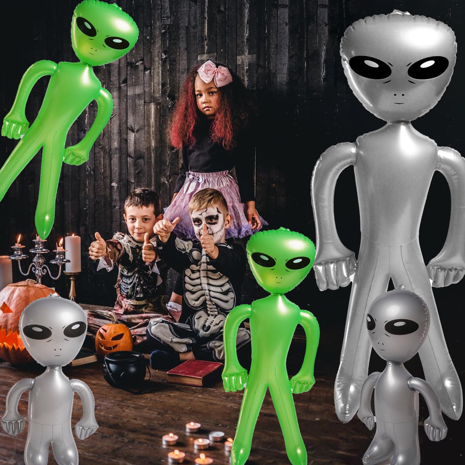 5Pcs Inflatable Alien, 3 Size Blow Up Aliens include 67"/ 35"/18", Alien Inflate for Halloween, Space Birthday Party