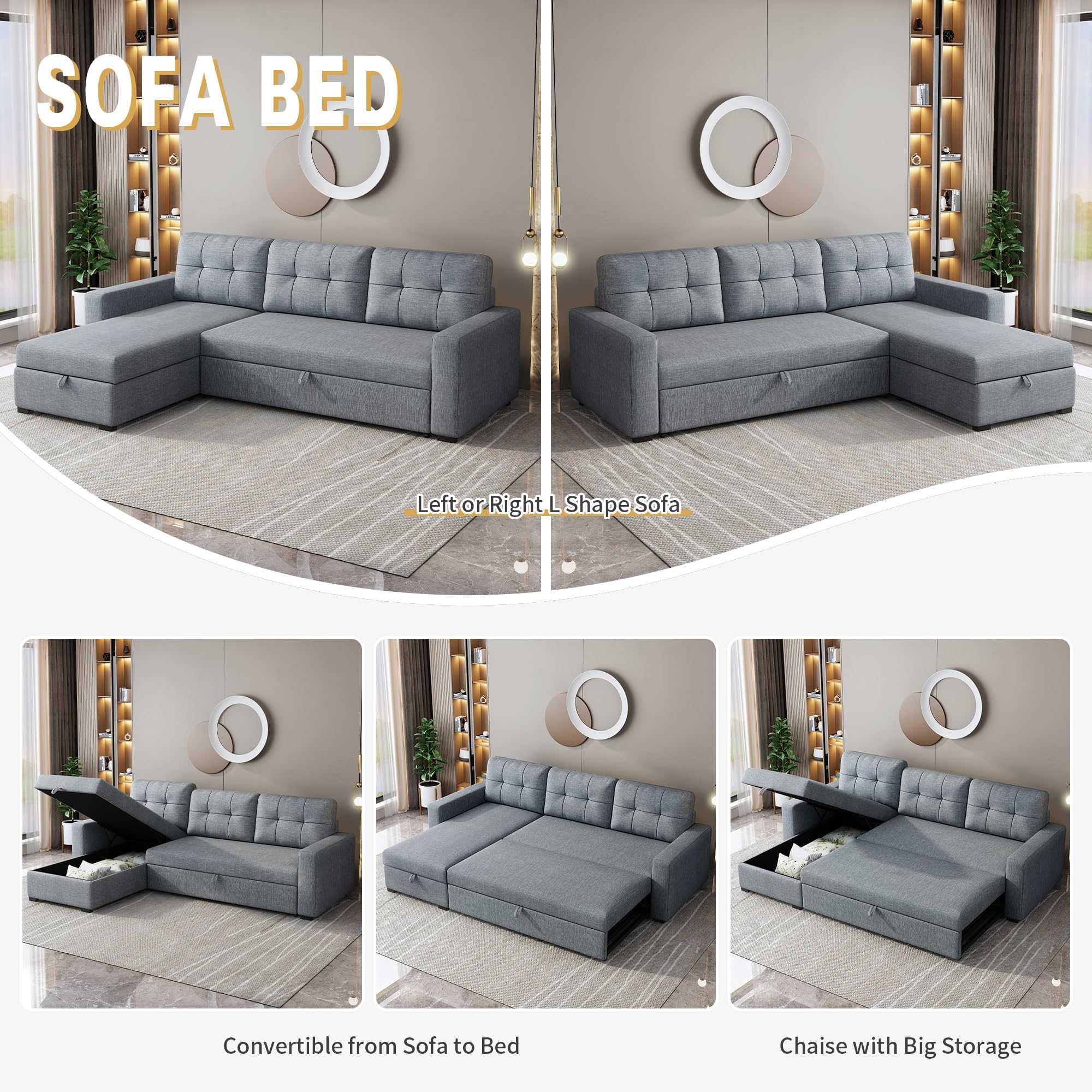 ACQCA 81.5" Sectional Sleeper Sofa with Storage Chaise, L Shaped Pull Out Couch Bed with 3 Removable Back Cushion for Living Room,Apartment,Office,Light Grey