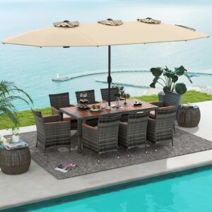 tangkula 10 pieces patio wicker dining set w/double-sided patio umbrella, outdoor acacia wood furniture set w/ 8 armchairs, 71” dining table & 15 ft umbrella with weighted base (beige)