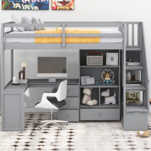 harper & bright designs twin size loft bed with stairs and l-shaped desk, wood twin loft bed with storage drawers and cabinet, loft bed twin with guardrails for kids girls boys, grey