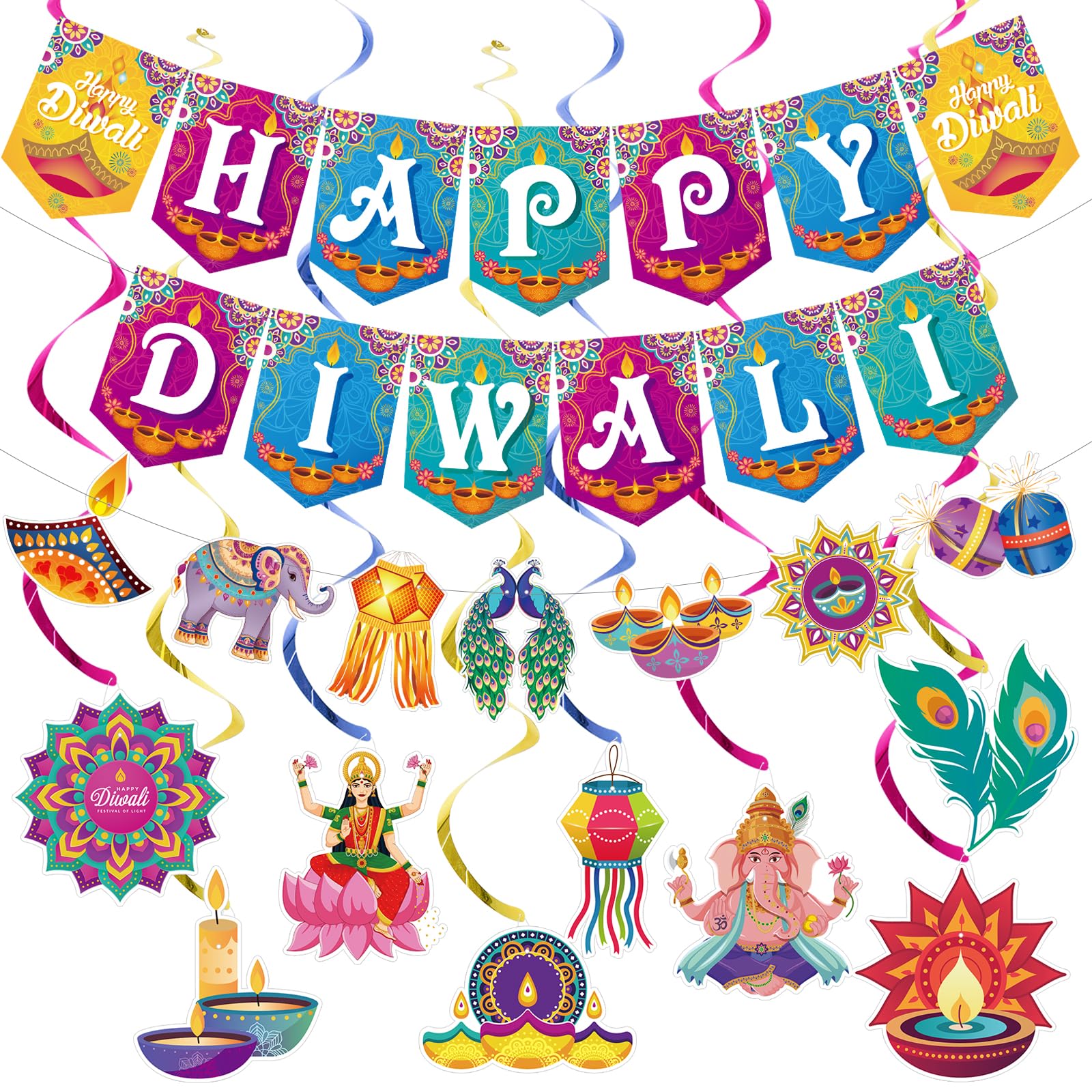 Diwali Decorations,Happy Diwali Banner with Diwali Hanging Swirls Decorations for Indian Diwali Festival Party Decoration Kit for Home.