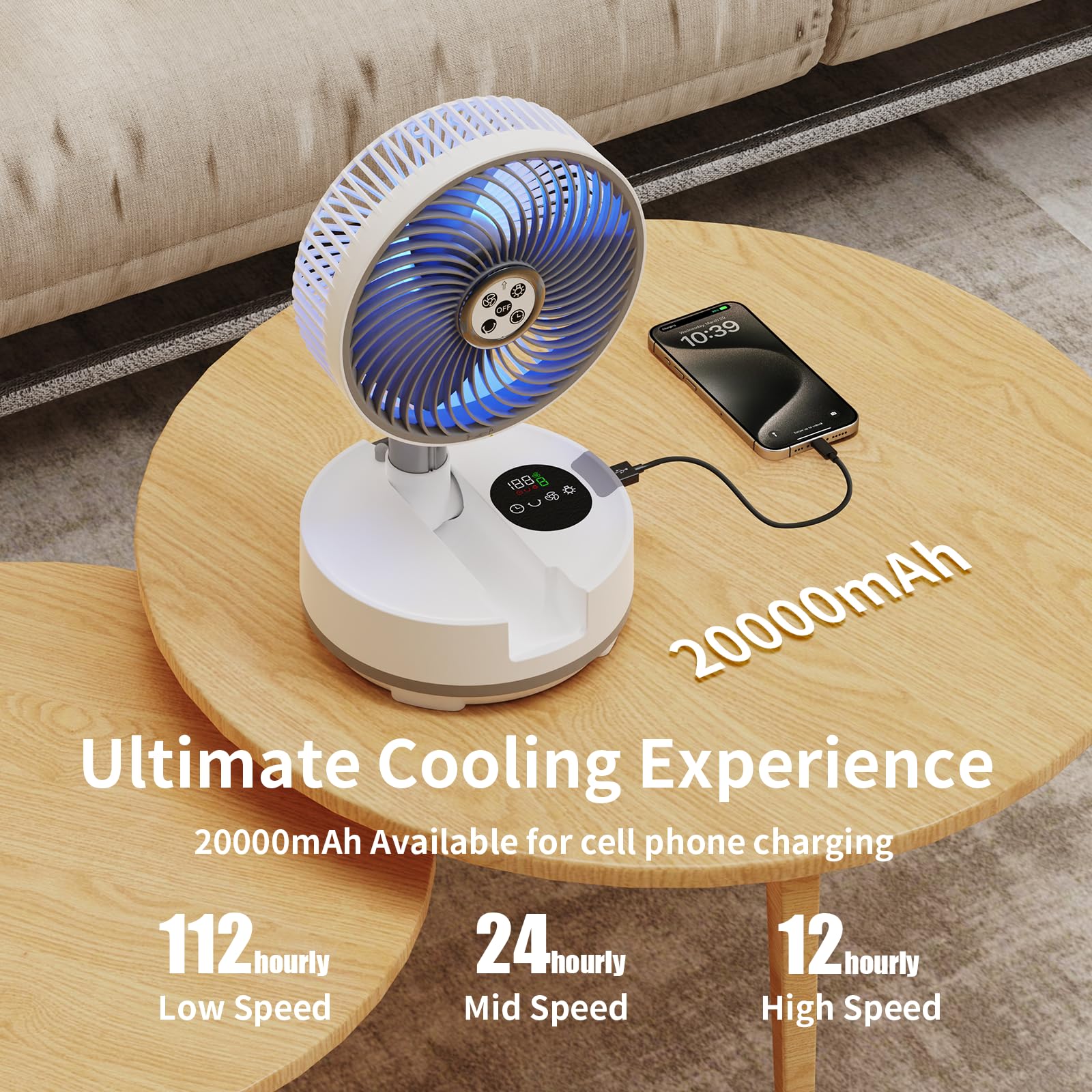 Socool 20000mAh 8" Portable Fan Battery Operated Fan, Oscillating Charging Fan, Remote Control LED Light, 112 Hours Working Portable Foldable Fan for Camping Travel Outdoor (White 2000mAh, 8inch)