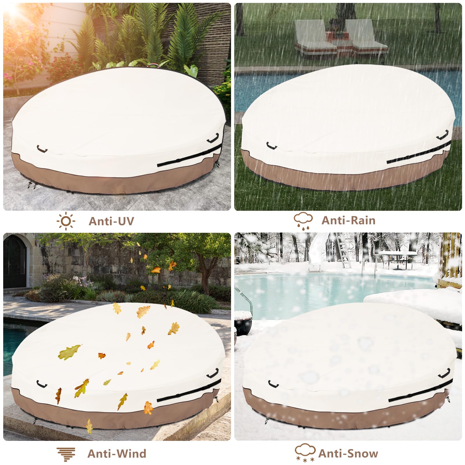 Krismile Outdoor Daybed Cover,Heavy Duty Waterproof Anti-UV Round Daybed Cover Adapt to 75" Dia x 35"/16”H Patio Canopy Sofa(Beige & Brown)