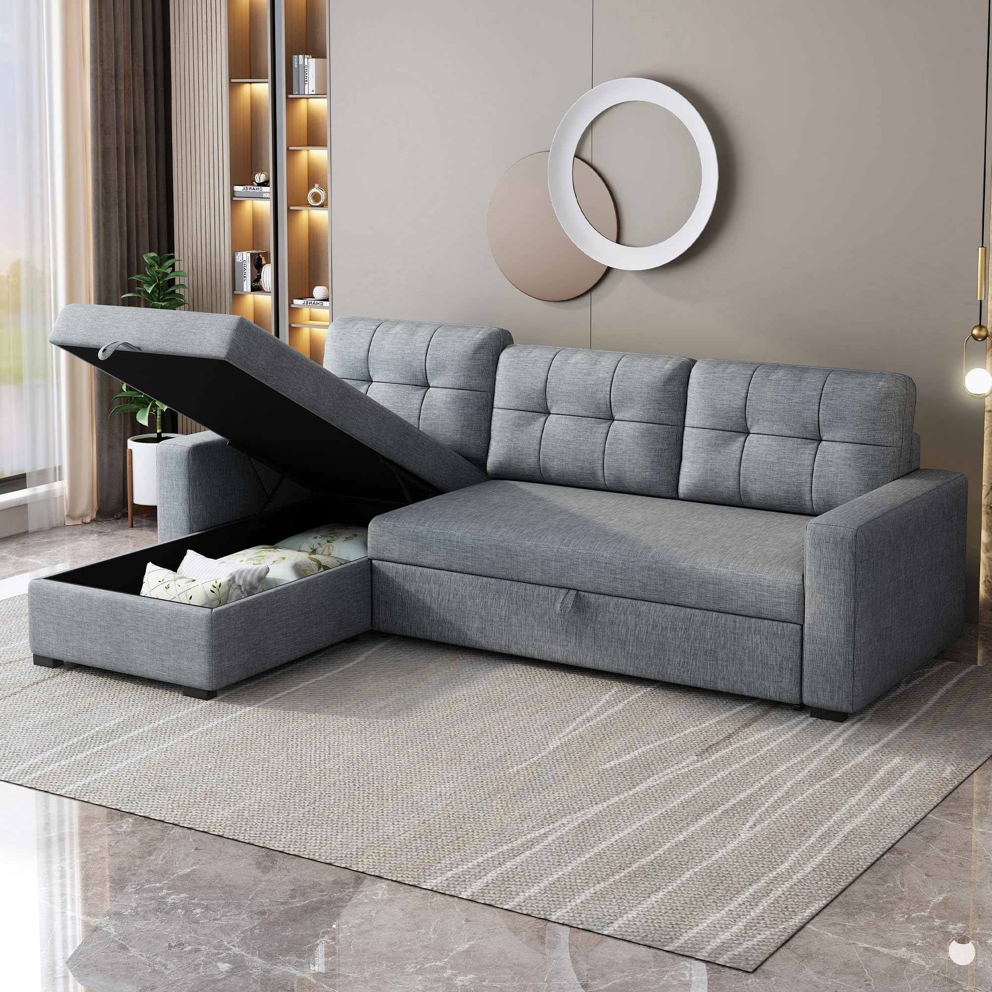 ACQCA 81.5" Sectional Sleeper Sofa with Storage Chaise, L Shaped Pull Out Couch Bed with 3 Removable Back Cushion for Living Room,Apartment,Office,Light Grey