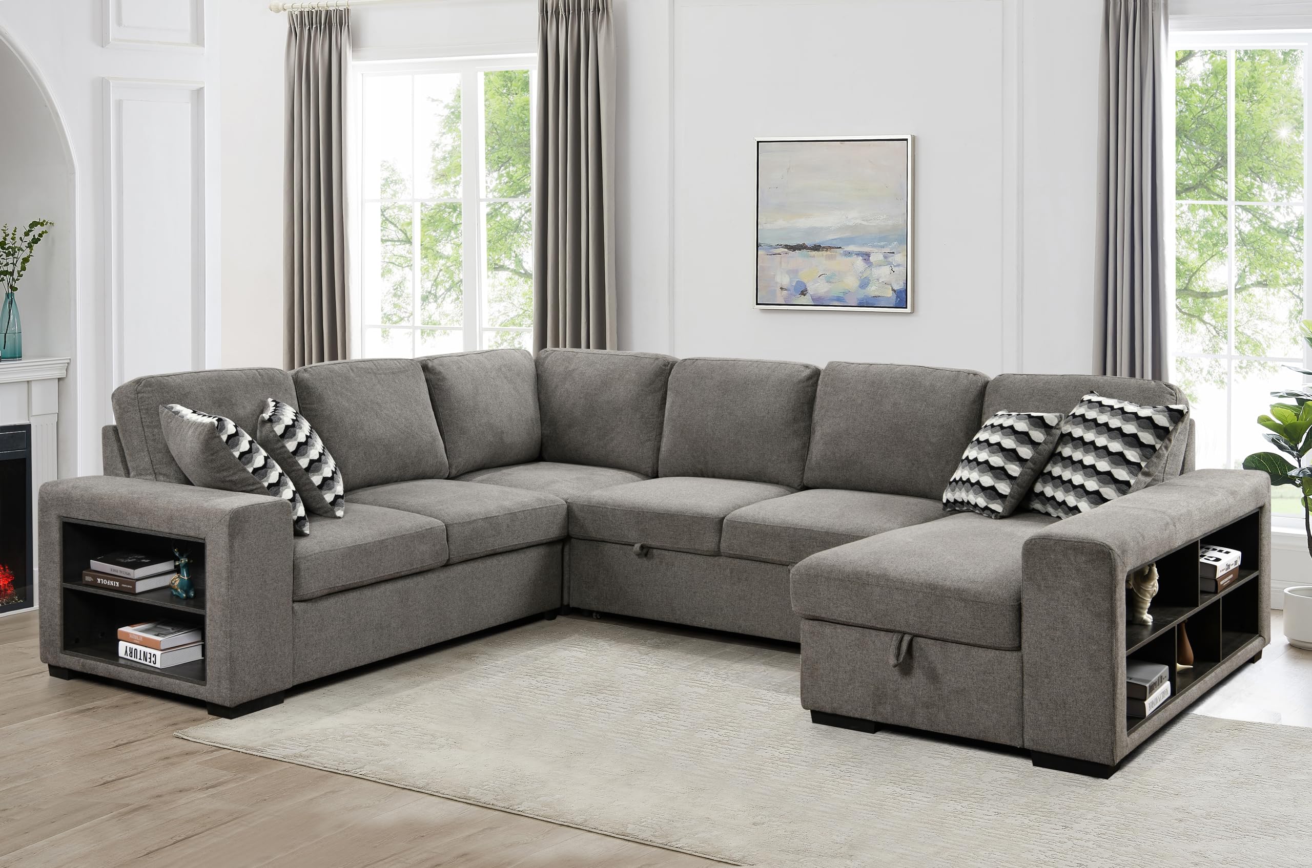 RENDGO 125'' U Shaped Oversized Sectional Sofa Couch with Cabinet,7 Seat Sectional Sleeper Sofa Bed with Storage Chaise, Pull Out Bed for Living Room,Grey