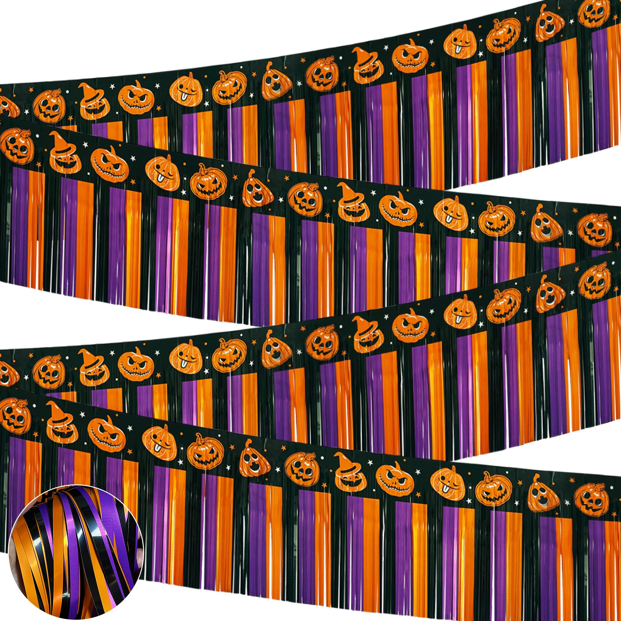 Halloween Parade Floats Foil Fringe, Each 10 ft x 15'' Orange Purple Black Pumpkin Tinsel Streamers Garland Banner Table Skirts for Halloween Trailer Car Graduation Homecoming Party (4 Pack)