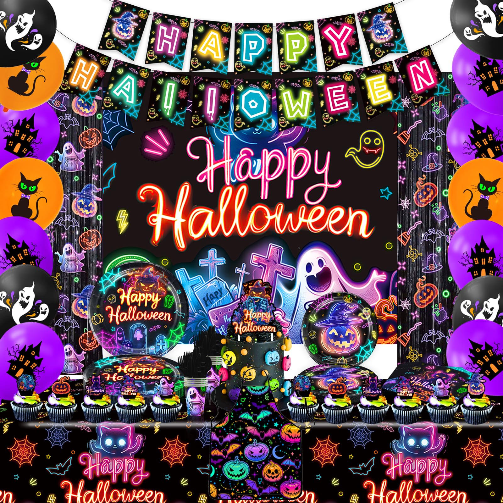 Glow Neon Party Supplies Tableware Set, 256 Pcs Let's Glow Halloween Party Decorations Include Neon Plates and Napkins Cups Glow Tablecloth Halloween Banner for Neon Baby Shower Party Decorations