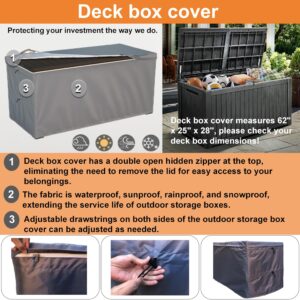 Deck Box Cover, Outdoor Large Storage Box Cover 150 Gallon Deck Box Dust Cover Heavy Duty 600D Oxford Fabric Patio Furniture Cover, Rain, Dust, UV, Wind, Snow Resistant, 62 x 25 x 28 Inches