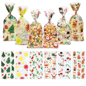 christmas treat bags, christmas candy bags, christmas bags for goodies, 60 pcs christmas cellophane bags with ties, christmas plastic bags, christmas cello bags for christmas day party favor supplies