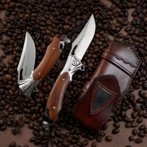 FORESAIL Flipper Pocket Folding Knife,M390 Steel Blade and Wood Handle. With leather case,men's pocket knife hiking trip EDC tool Knife.