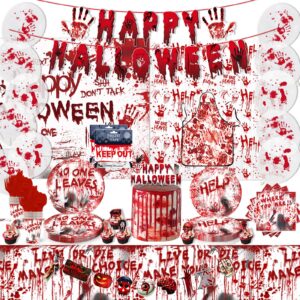 halloween party supplies tableware set, bloody halloween party decorations, halloween scary bloody plates and napkins cups plastic tablecloth dinnerware set for zombie horror theme party decorations