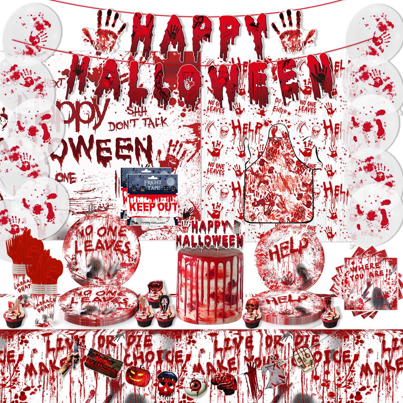 Halloween Party Supplies Tableware Set, Bloody Halloween Party Decorations, Halloween Scary Bloody Plates and Napkins Cups Plastic Tablecloth Dinnerware Set for Zombie Horror Theme Party Decorations