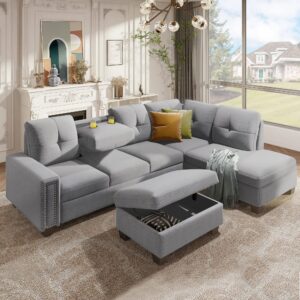 Favfurish 108 * 72.4" Reversible Sectional Sofa,with Storage Bench,L-Shaped Convertible Modular Couch,Rivet Ornament Backrest for Large Space,Dormitories,Living Rooms,Apartments,Light Gery