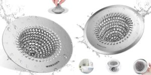 1pack kitchen sink drain strainer for easy clean large basket & 1pack bathtub drain hair catcher, wokdada fast drainage shower drain hair catcher