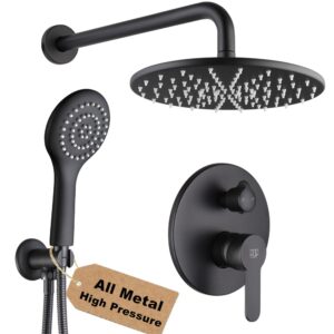 all metal black shower faucet set round shower head and handle set, bathroom rainfall shower system, wall mounted shower fixtures, include shower valve and trim kit, matte black