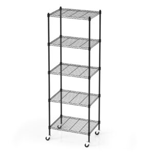 5 tier storage shelves with wheels, heavy duty metal garage shelving unit and adjustable feet, 865lb high capacity rolling storage shelf for kitchen, office, dining room (23.6"x 17.7"x 72"), black