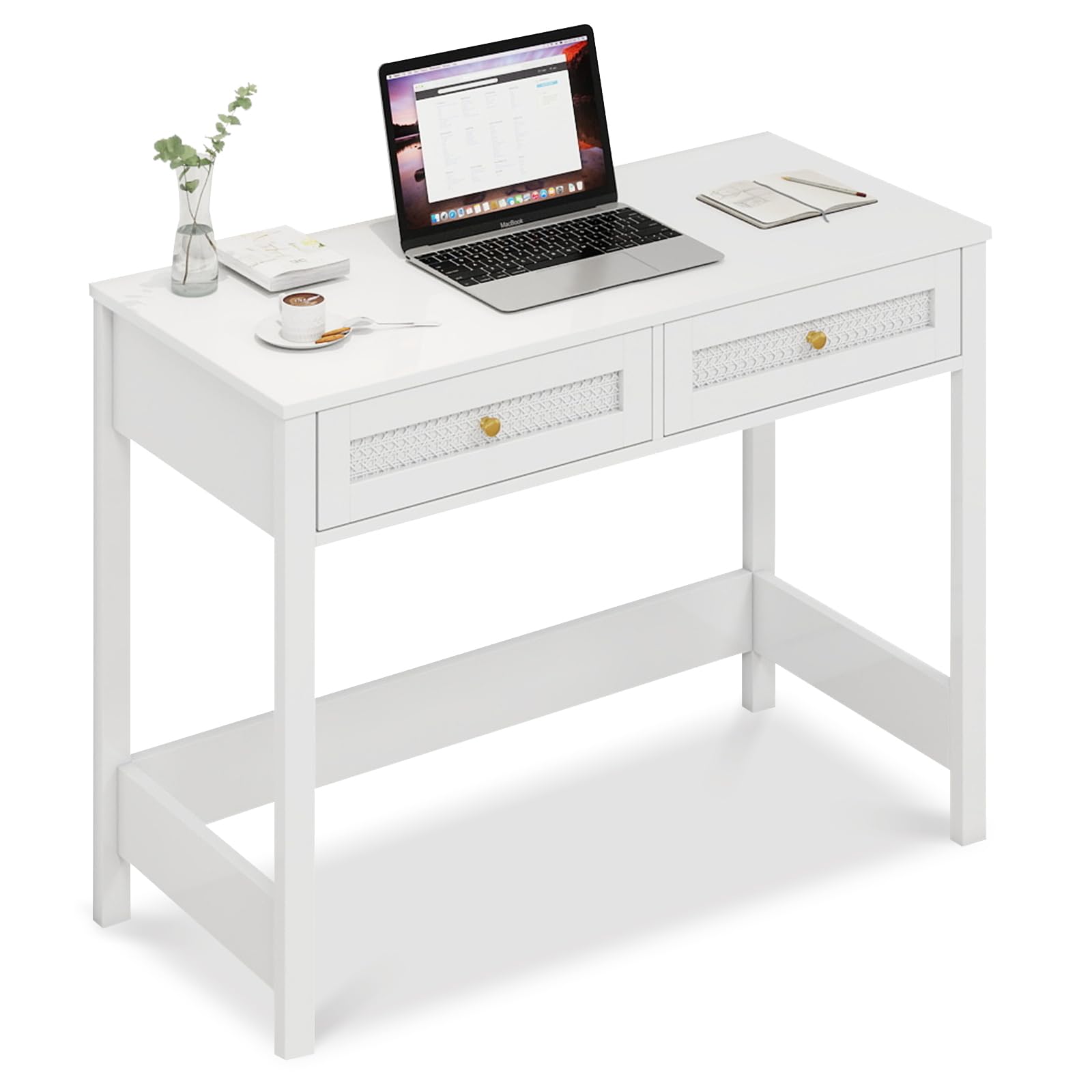 LTMEUTY White Desk with Drawers for Bedroom, 40 Inch Small Computer Desk with Storage, Modern Vanity Desk for Small Spaces, Rattan Study Writing Table for Home Office