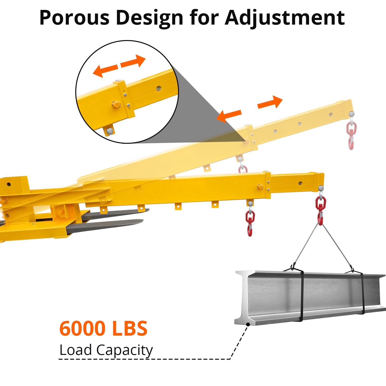 TROPOW Fork Mounted Adjustable Hoist Jib Boom Crane, Adjustable Telescopic Forklift Jib Boom Crane with Two 3 Tons Swivel Hooks, 6000 LBS Lift Capacity Forklift Crane for Warehouse or Factories