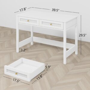 LTMEUTY White Desk with Drawers for Bedroom, 40 Inch Small Computer Desk with Storage, Modern Vanity Desk for Small Spaces, Rattan Study Writing Table for Home Office