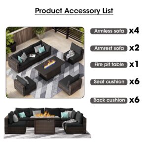 gaildon Patio Furniture Set, 7 PCS Outdoor Sectional Patio Furniture Set with 42" Fire Pit Table, All-Weather Rattan Wicker Sofa Couch for Garden Backyard Deck Poolside, Black