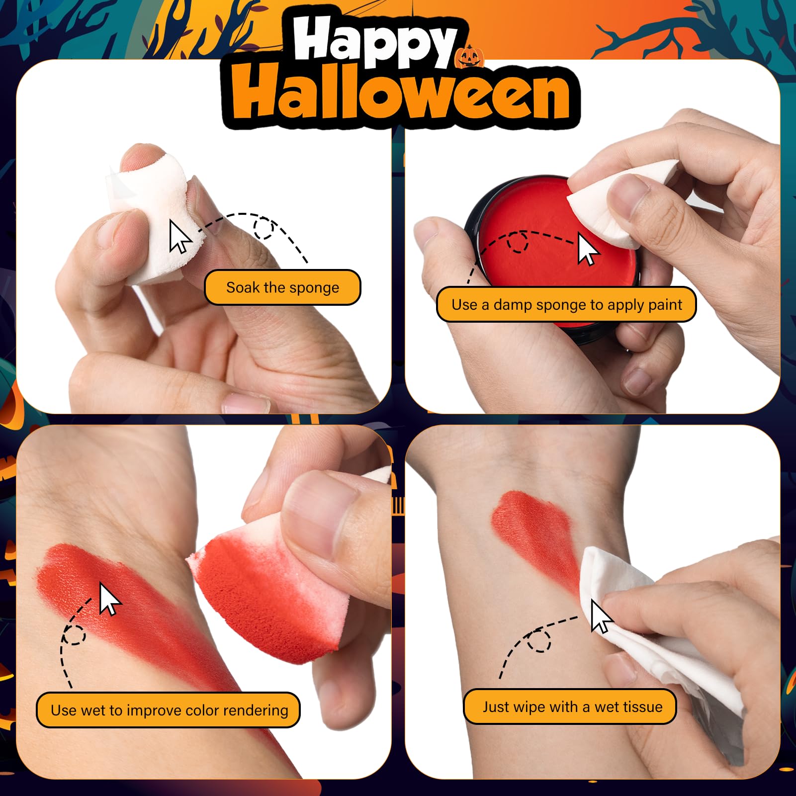 Duseu Halloween Face Painting Kit with Temporary Tattoo, Water Based Zombie Makeup with Brushes for Halloween Makeup, Clown Makeup with 3 Painting Brushes, 4 Sponges, 3 Halloween Tattoo Stickers