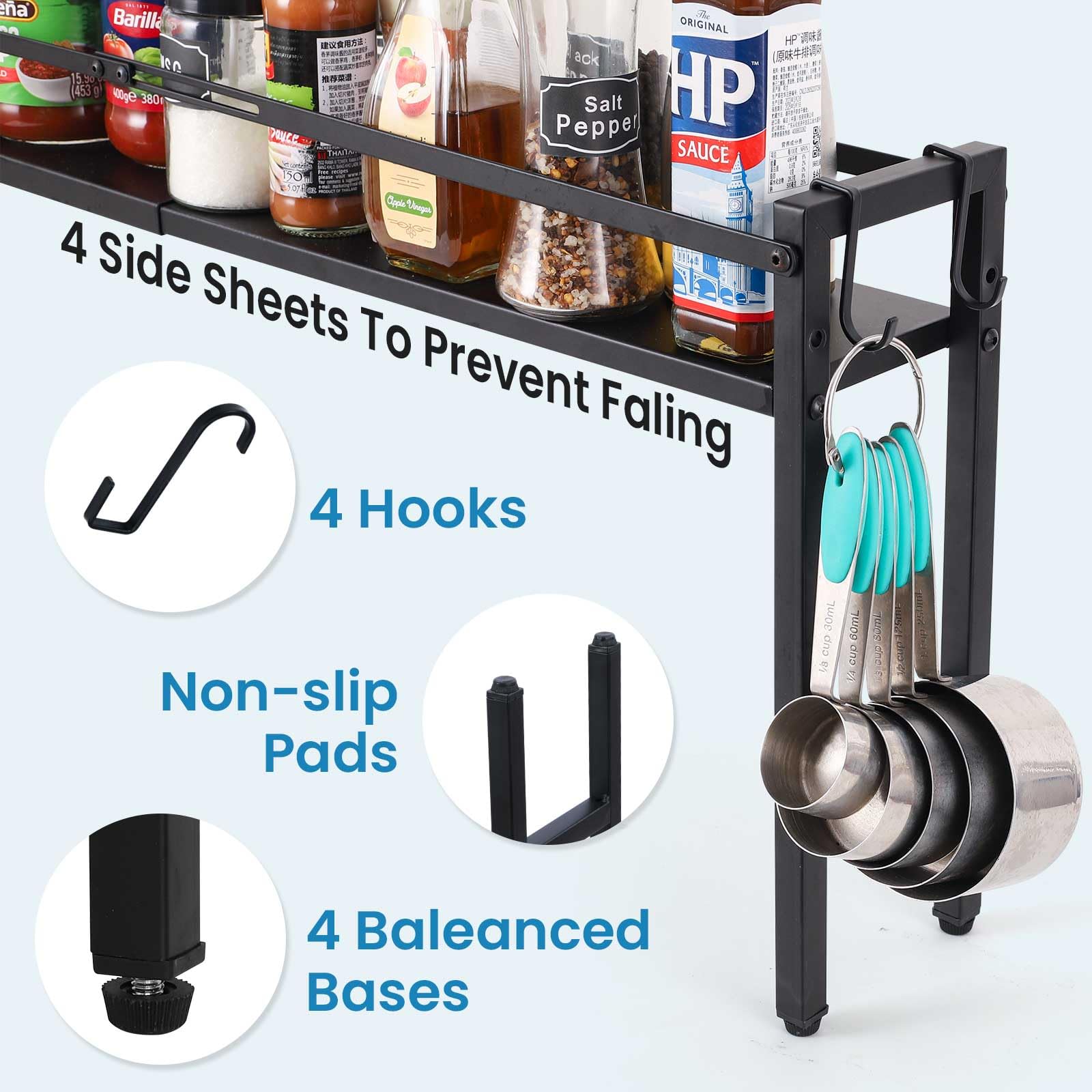 yudeke Stove Top Shelf, Extendable Spice Rack for Kitchen - Adjustable Over-the-Stove Shelf with 4 Hooks, Seasoning Organizer Countertop, Extra Space Saver (Black)