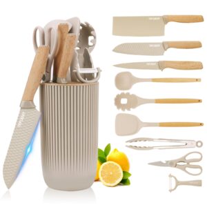 ftnesgym kitchen knife set, knife sets with block and 4 pcs kitchen utensils set, 10-in-1 cooking utensils set with knife set and utensils holder, silicone spatula set for kitchen (khaki)