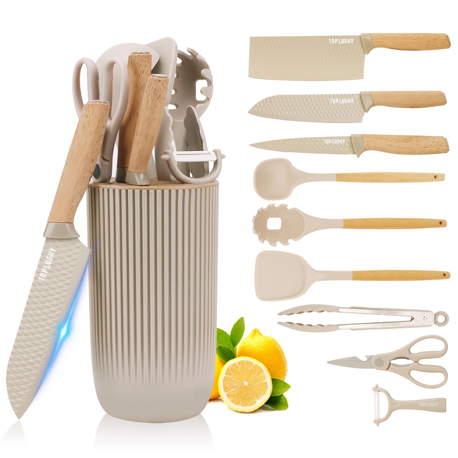 FTNESGYM Kitchen Knife Set, Knife Sets with Block and 4 PCS Kitchen Utensils Set, 10-in-1 Cooking Utensils Set with Knife Set and Utensils Holder, Silicone Spatula Set for Kitchen (Khaki)