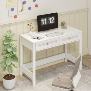 LTMEUTY White Desk with Drawers for Bedroom, 40 Inch Small Computer Desk with Storage, Modern Vanity Desk for Small Spaces, Rattan Study Writing Table for Home Office