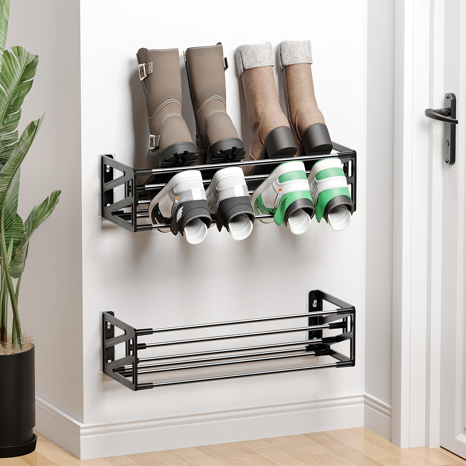 DEYILIAN 2 Pack Wall Mounted Shoe Rack for RV, Hanging Shoe Storage with Sticky HangingMounts, Over The Door Shoe Organizer Holds 8 Pairs of Shoes for Closet Camper Door Shoe Rack Black