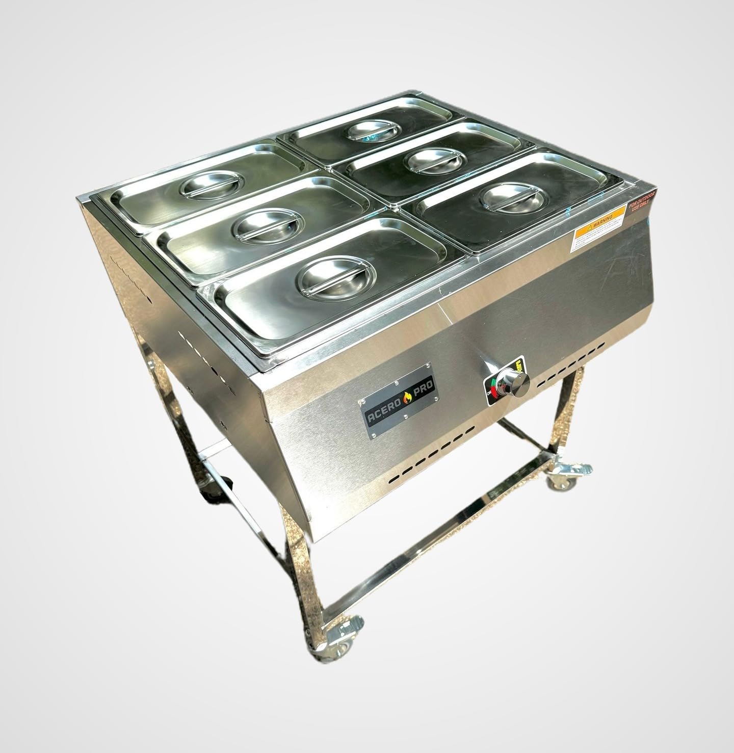 Acero Pro 6 Container Outdoor Steam Table Food Warmer Cart - Bain Marie - 6 Standard 1/3 Pans (12" x 6" x 4") - 30 Quarts Total - Stainless Steel - Propane Powered - Portable for Catering & Events