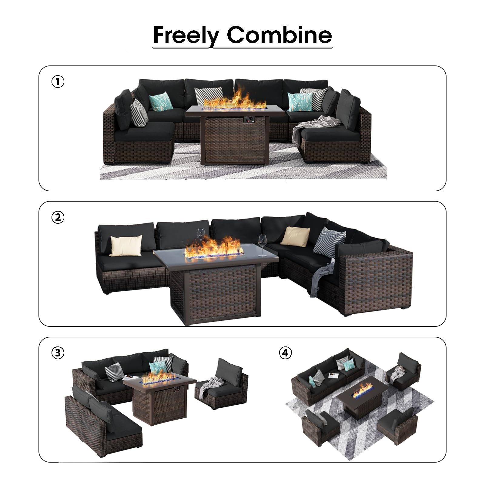 gaildon Patio Furniture Set, 7 PCS Outdoor Sectional Patio Furniture Set with 42" Fire Pit Table, All-Weather Rattan Wicker Sofa Couch for Garden Backyard Deck Poolside, Black