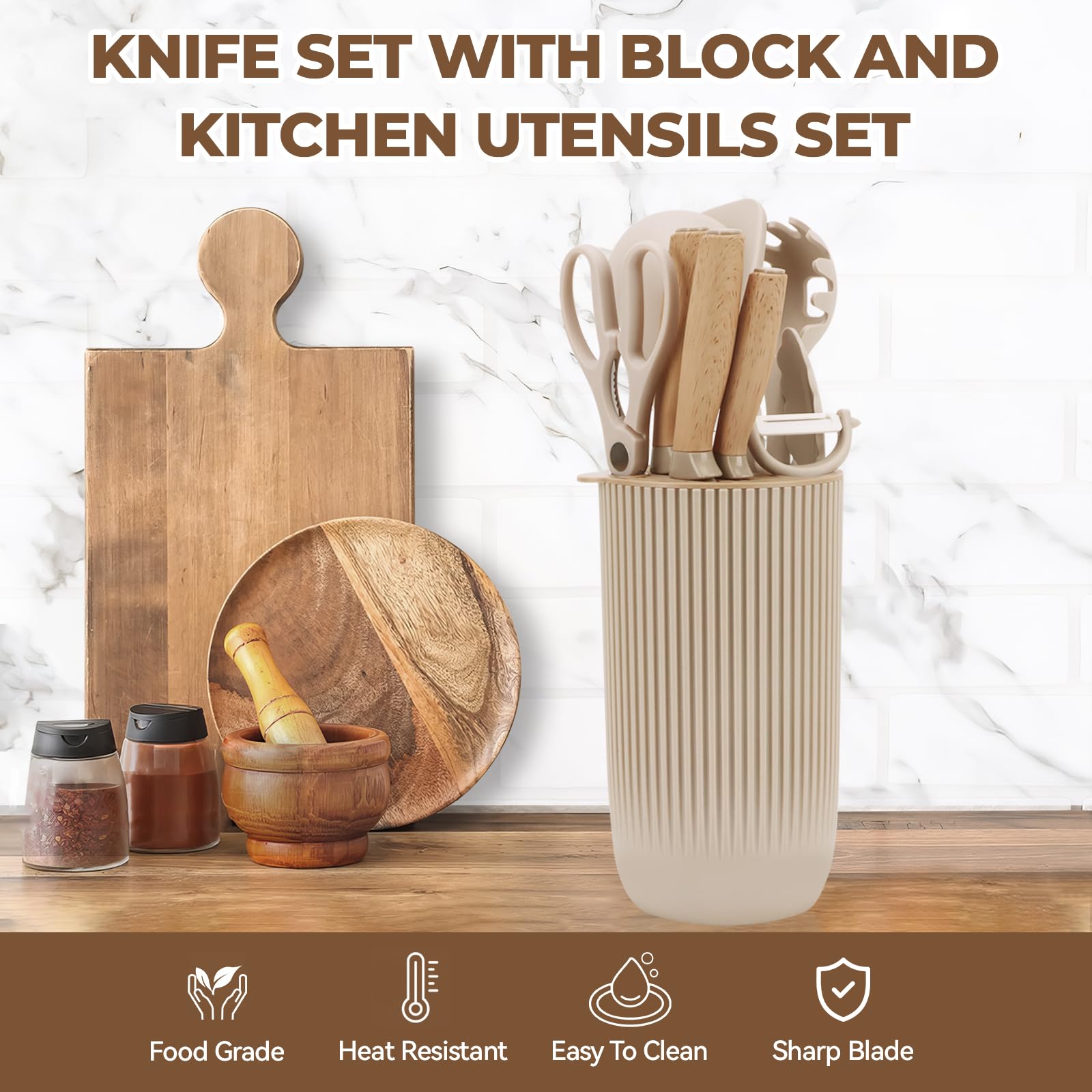 FTNESGYM Kitchen Knife Set, Knife Sets with Block and 4 PCS Kitchen Utensils Set, 10-in-1 Cooking Utensils Set with Knife Set and Utensils Holder, Silicone Spatula Set for Kitchen (Khaki)