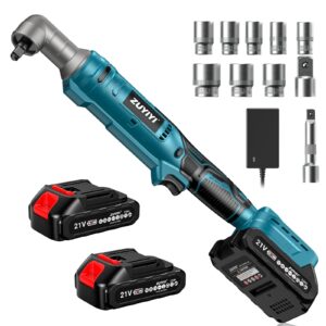 zuyiyi 133ft-lbs cordless ratchet wrench 3/8" set, 21v electric ratchet wrench, 2250rpm power right angle wrench with 8 sockets, 1/4" adapter, 3" extension bar, 2× 2.0ah batteries & charger