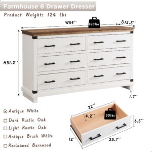 Farmhouse 6 Drawers Dresser for Bedroom, Wood Large Chest of Drawers with Thick Plank Styling, Rustic Closet Dresser for Bedroom or Living Room, Antique White Color