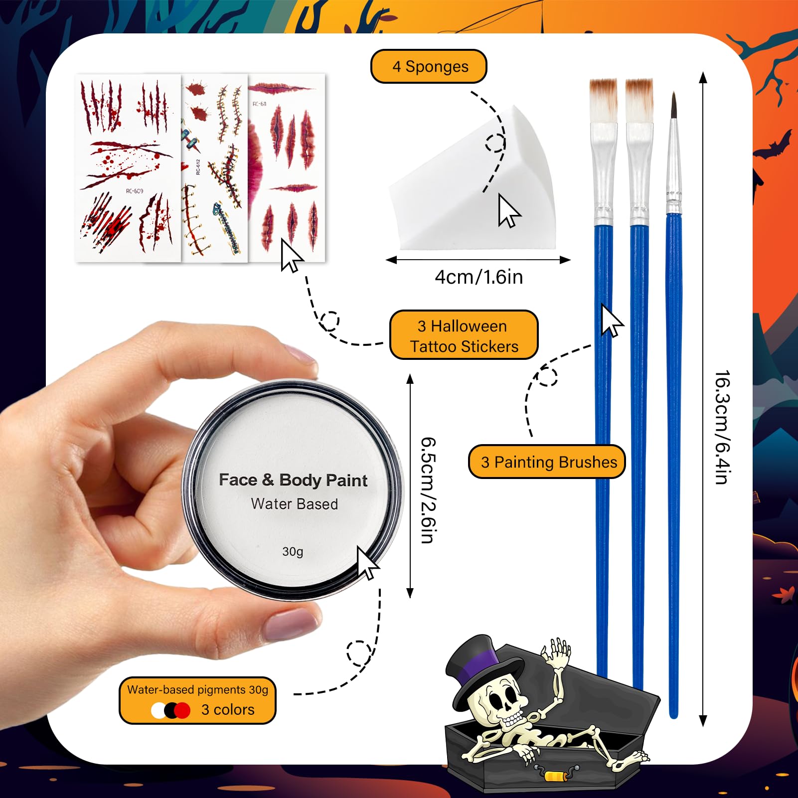 Duseu Halloween Face Painting Kit with Temporary Tattoo, Water Based Zombie Makeup with Brushes for Halloween Makeup, Clown Makeup with 3 Painting Brushes, 4 Sponges, 3 Halloween Tattoo Stickers