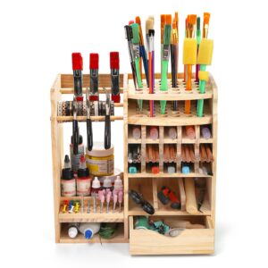 Mezchi Wooden Screwdriver Organizer Holder, 50 Slots Workbench Organizer with Drawer, Small Tool Organizer Storage, No Assembly Required Paint Brush Holder, Hobby Organizer for Paint Brushes, Tools