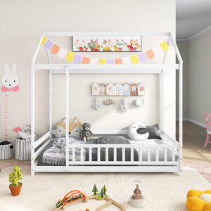 KOMFOTT Twin Size Floor House Bed, Wooden Montessori Bed with Roof & Full-Length Safety Guardrail, Floor Playhouse Bed Frame for Kids, Girls, Boys (White)