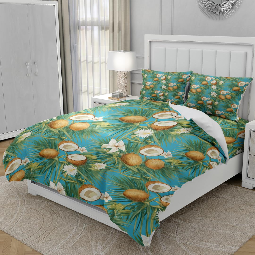 ZAJIO Bedding Coconut Tree Twin Duvet Cover Set Coconut Floral Print Summer Comforter Cover Set Fruit Pattern Bedspread Refreshing Bedroom Decor 1 Quilt Cover with 2 Pillow Cases(No Comforter)