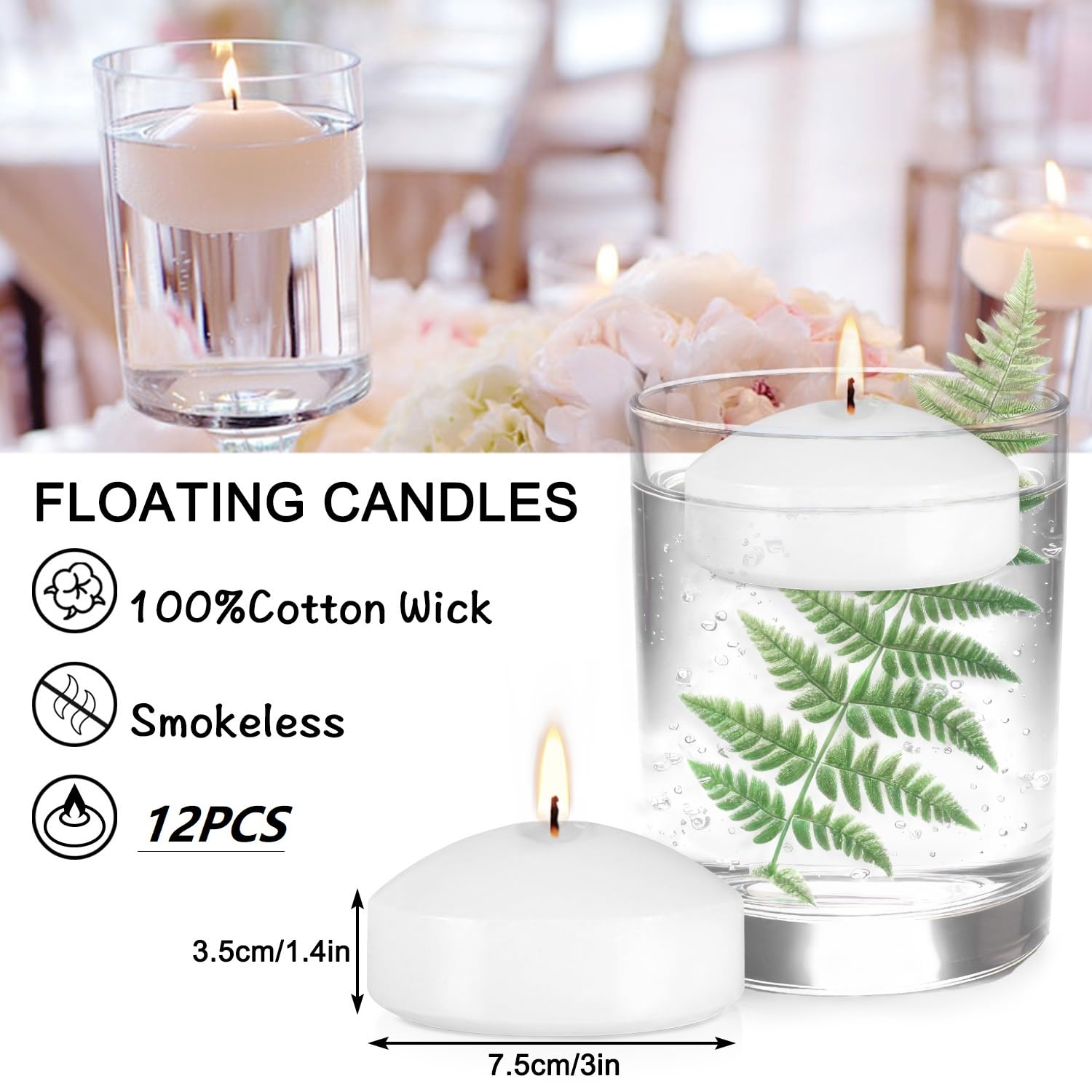 12 Floating Candles, Smoke-Free and odorless, Burning continuously for 8-10 Hours, White, 3-inch Floating Candles, Suitable for Valentine's Day, Weddings, Holidays, Home Decoration