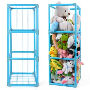 essenhome large stuffed animals storage, zoo stuffed animal holder space save vertical stuffed animals storage pvc with elastic band and net for playroom birthday gift for bedroom nursery (blue)