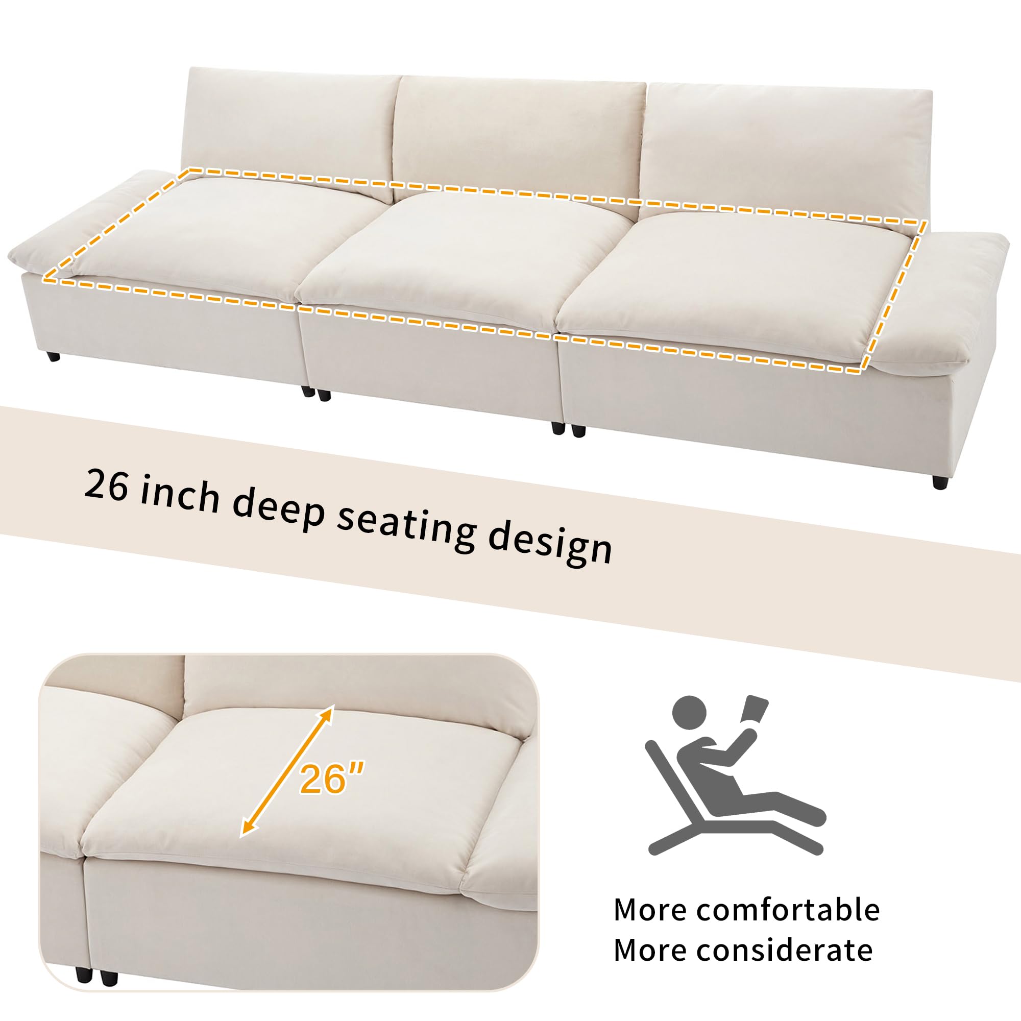 HOMIQUEEN 120'' 3 Seater Sofa with 2 Storage Units, Mid-Century Modern Upholstered Sofa Deep Seating, Solid Wood Leg Support for Living Room Bedroom Apartment Office (BEIGE)