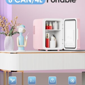 CUTIEWORLD Skincare Fridge With Dimmable LED Light Mirror, 4L Makeup Mini Fridge for Bedroom, Car, Office & Dorm, Cooler & Warmer, Portable Small Refrigerator for Cosmetics, Skin Care and Food, Pink