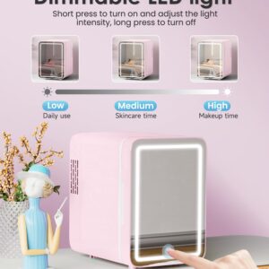 CUTIEWORLD Skincare Fridge With Dimmable LED Light Mirror, 4L Makeup Mini Fridge for Bedroom, Car, Office & Dorm, Cooler & Warmer, Portable Small Refrigerator for Cosmetics, Skin Care and Food, Pink