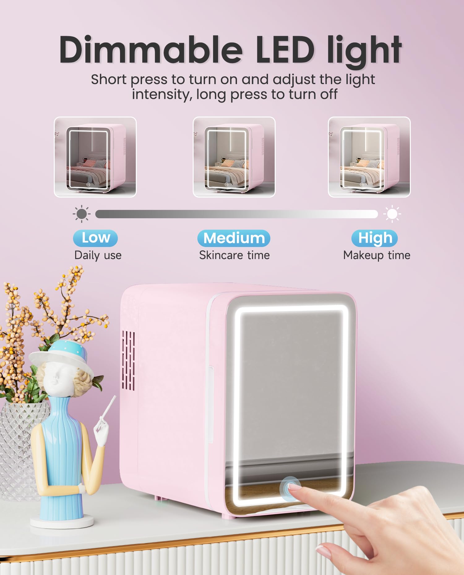 CUTIEWORLD Skincare Fridge With Dimmable LED Light Mirror, 4L Makeup Mini Fridge for Bedroom, Car, Office & Dorm, Cooler & Warmer, Portable Small Refrigerator for Cosmetics, Skin Care and Food, Pink