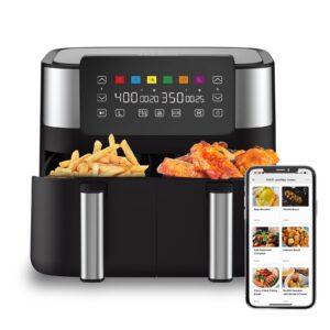 joyami air fryer with 2 baskets, 8 qt dual basket airfryer with sync-finish, nonstick and dishwasher safe, 6-in-1 airfryer for air fry, bake, dehydrate, roast, broil & more, 1800w, black