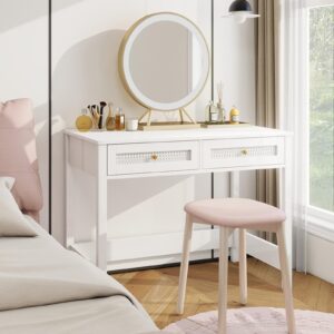 LTMEUTY White Desk with Drawers for Bedroom, 40 Inch Small Computer Desk with Storage, Modern Vanity Desk for Small Spaces, Rattan Study Writing Table for Home Office