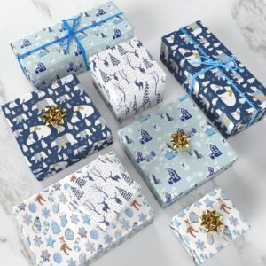 RiukRaiu Blue Christmas Wrapping Paper for Kids Adults - Winter Forest & Reindeer, Polar Bears, Country Houses, Holiday Cookies Designs - Xmas Gift Wrap with 6 Jumbo Sheets, 40 x 28 Inches Each