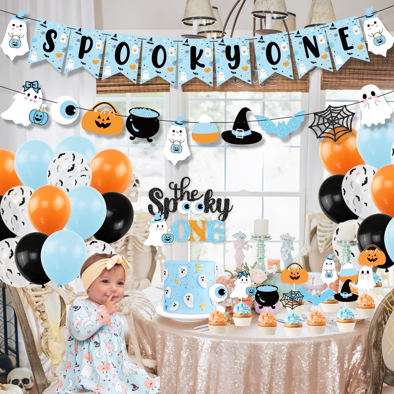 Blue Halloween First Birthday Decor, Boys Halloween Spooky One Banner Blue Cute Ghost Cake Topper Balloons for Halloween Theme 1st Birthday Party The Spooky One Little Boo Happy Boo Day Party Supplies